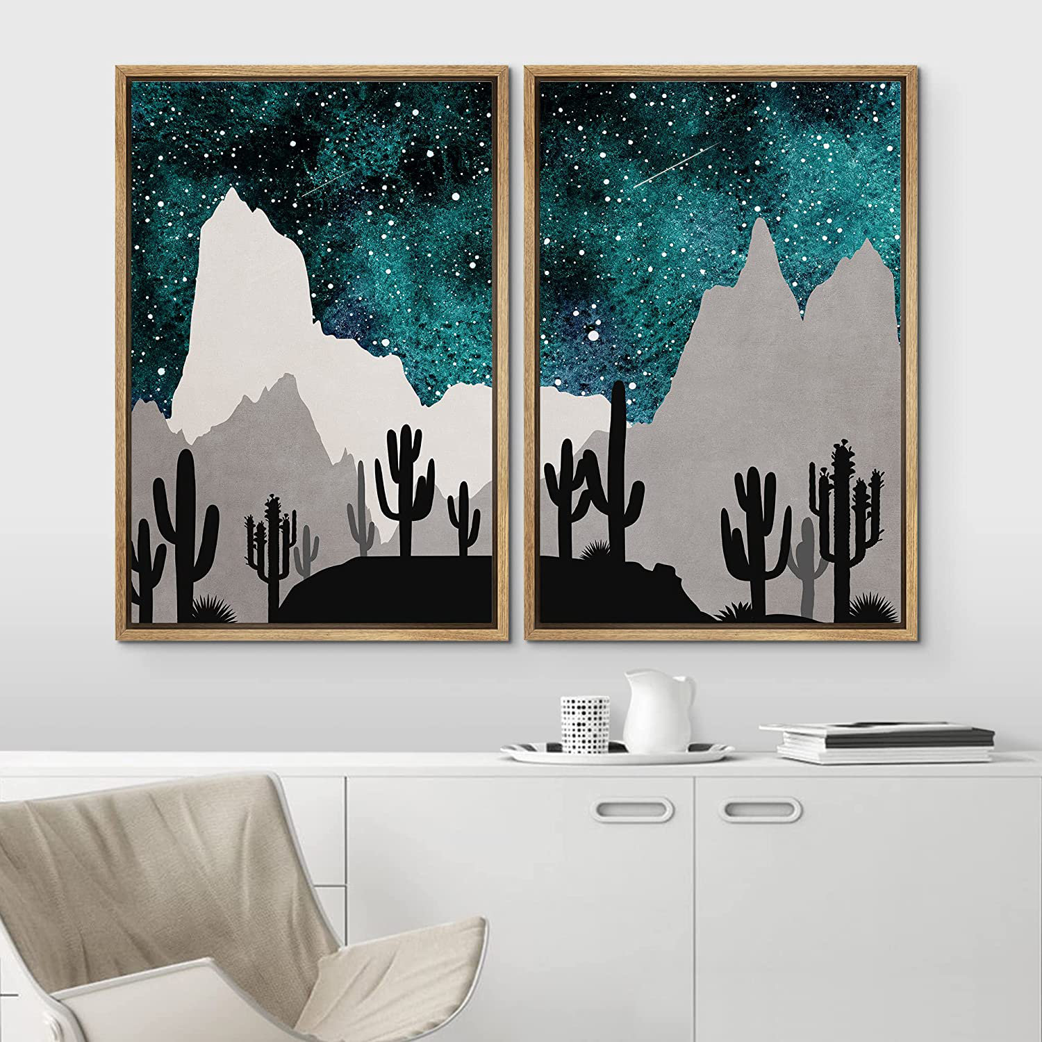 IDEA4WALL Framed Wall Art Print Set Teal & Black Watercolor Star Sky ...